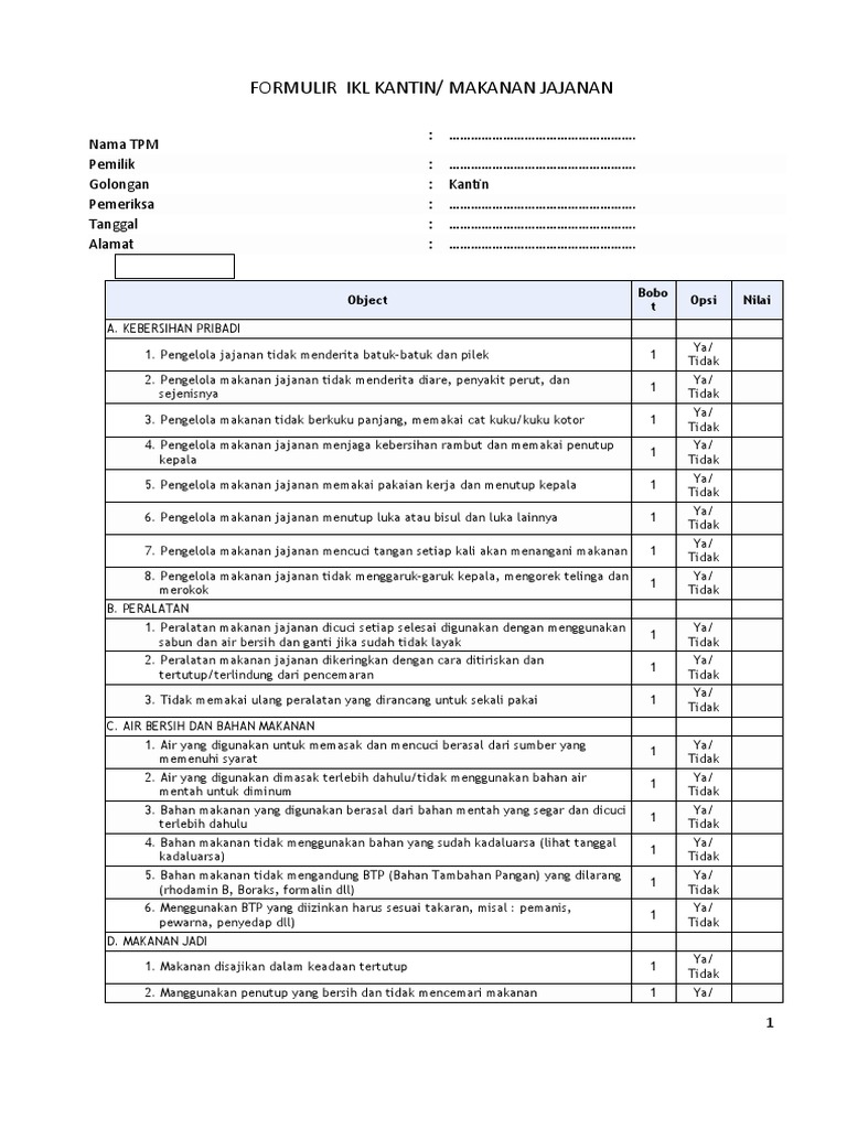 Formulir Ikl Kantin | PDF
