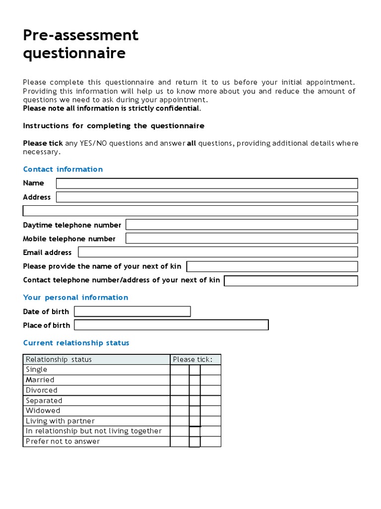 Pre-Assessment Questionnaire for Care | PDF | Mental Disorder ...