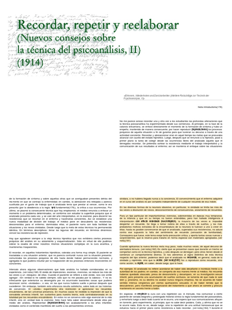 Freud - Recordar, Repetir, Reelaborar | PDF | Psicoanálisis | Hipnosis