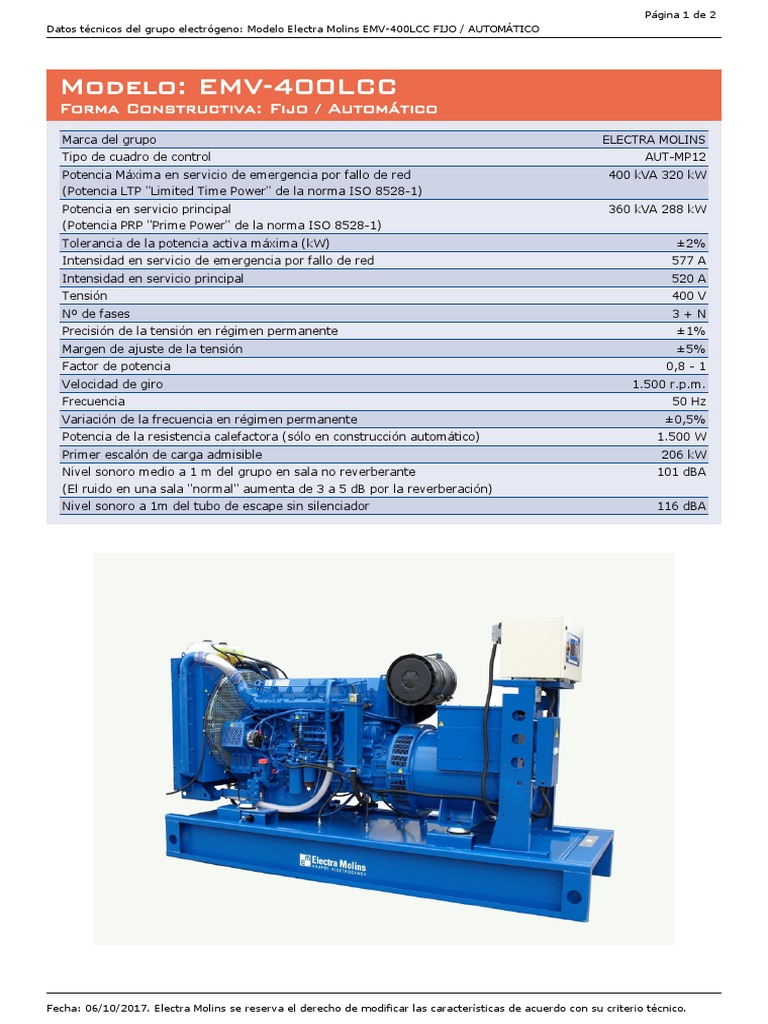 DatosTecnicos EMV-400LCC Fijo PDF | PDF | Decibel | Motor diesel