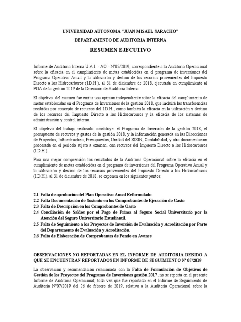 Resumen Ejecutivo Inf. #05 2019 Ope Idh | PDF | Auditoría | Presupuesto