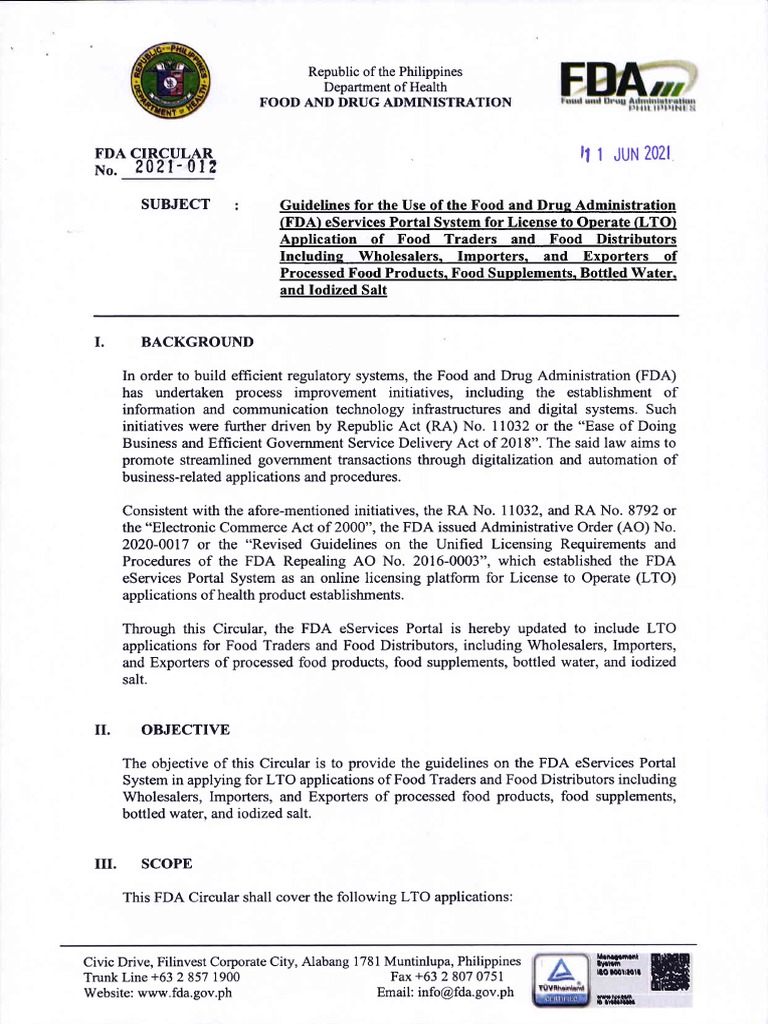 FDA Circular No. 2021 012 | PDF