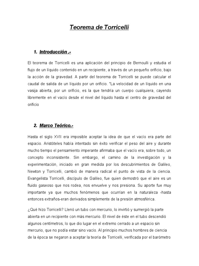 Practica 4 Teorema De Torricelli Pdf Vacío Líquidos