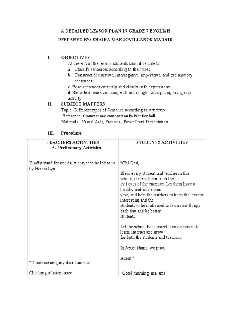 A Detailed Lesson Plan in Grade 7 English | PDF | Sentence (Linguistics ...