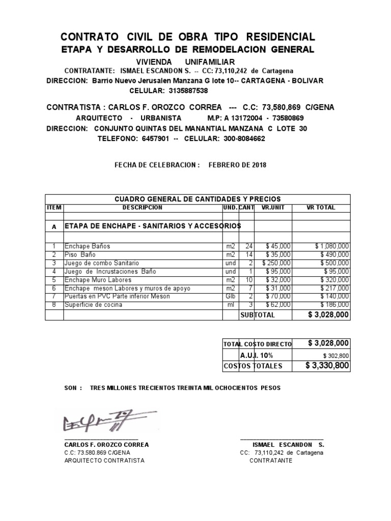 Ejemplo de Presupuesto para Contrato de Obra Civil de Ismael Escandon | PDF | Materiales de ...
