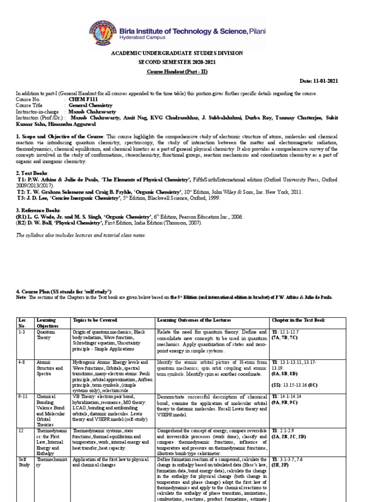 CHEM F111- I Sem 2020-21_Handout (2) | PDF | Reaction Rate | Heat