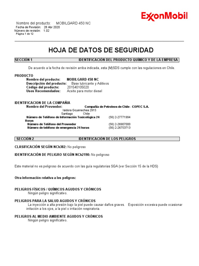 Hoja de Seguridad Mobilgard 450 NC | PDF | Ventilación (Arquitectura ...