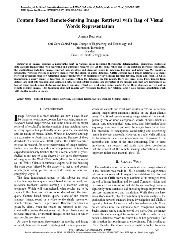 Content Based Remote Sensing Image Retrieval With Bag Of Visual Words Representation Pdf