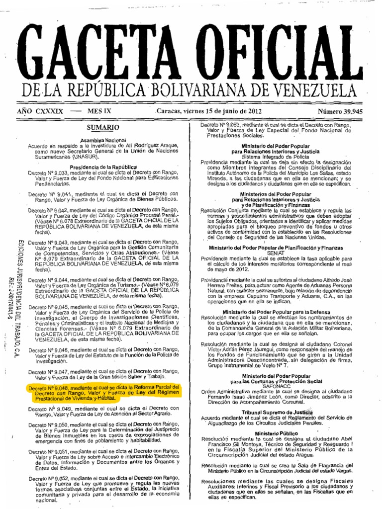 Gaceta Oficial de La República Bolivariana de Venezuela #39945 | PDF