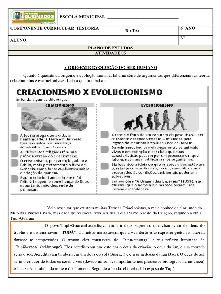 HISTÓRIA ATIV 5 6º Ano | PDF | Criacionismo | Teoria