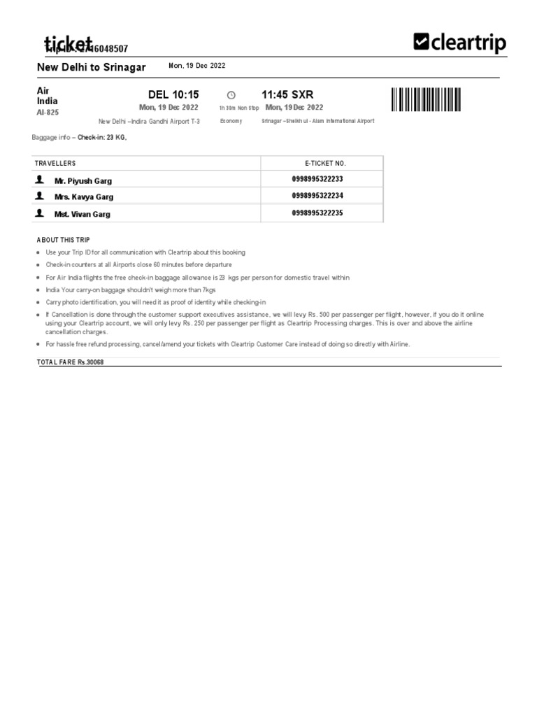 Cleartrip Flight E-Ticket 19 12 22 | PDF | Civil Aviation | Aviation