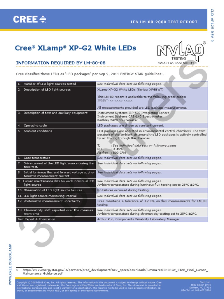 8510 - LM-80 XLamp XP-G2 Rev 9 | PDF | Light Emitting Diode | Metrology