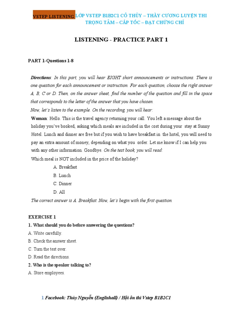 VSTEP Listening Practice Exercises | PDF | Meal | Food And Drink
