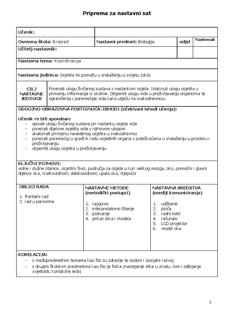 Priprema Za Nastavni Sat - Ljiljana Zovko | PDF