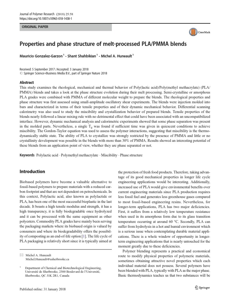 Properties and Phase Structure of Melt-Processed PLA-PMMA Blends | PDF ...