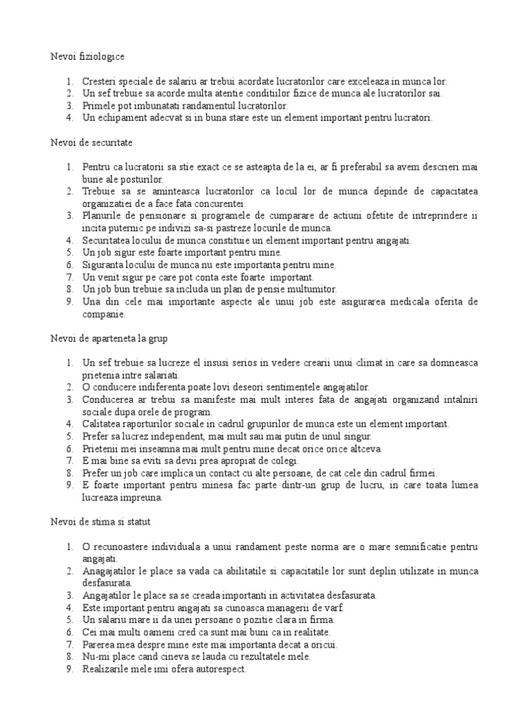 Intrebari Chestionar Maslow | PDF