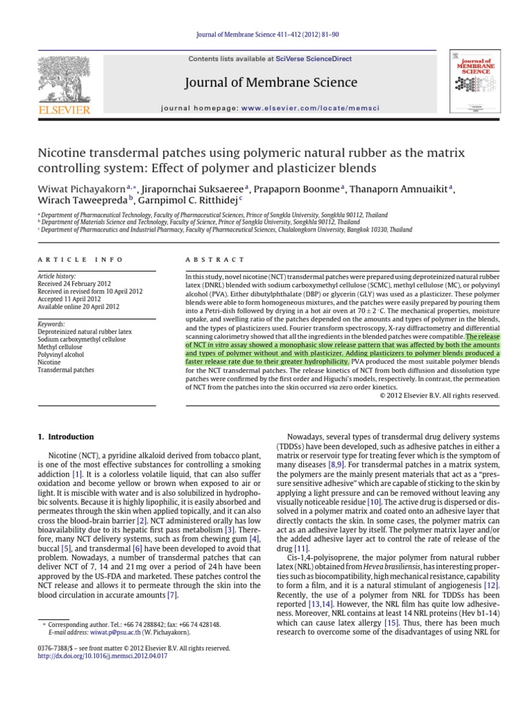 Nicotine Transdermal Patches Using Polymeric Natural Rubber As The ...