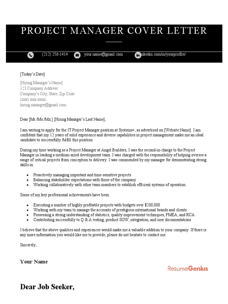 Project Manager Cover Letter Template - Corporate Modern | PDF ...