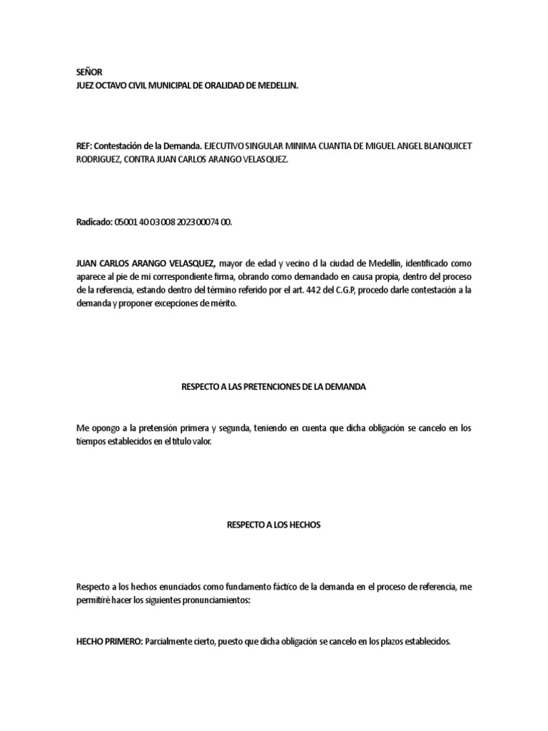 Contestacion Demanda Ejecutiva(2) | PDF