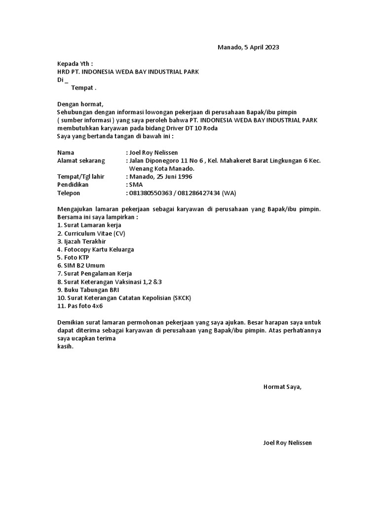 Lamaran Kerja Driver di PT IWIP | PDF | Karier & Perkembangan
