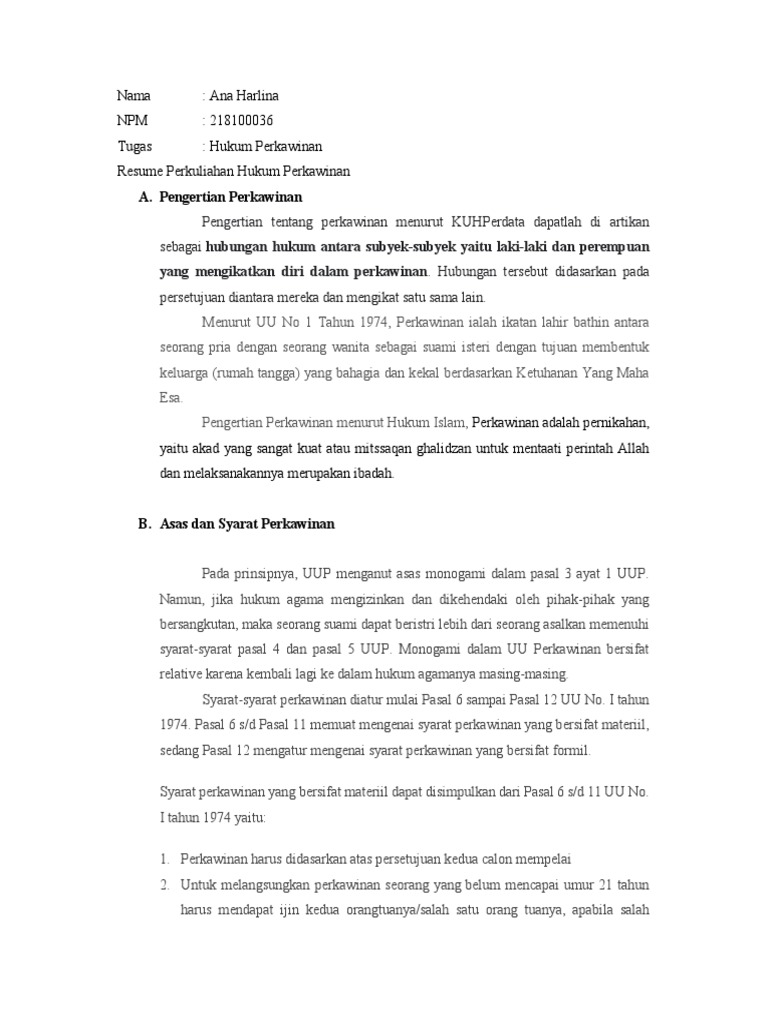 Hukum Perkawinan - Tugas 1 - Resume Perkuliahan - Ana Harlina | PDF