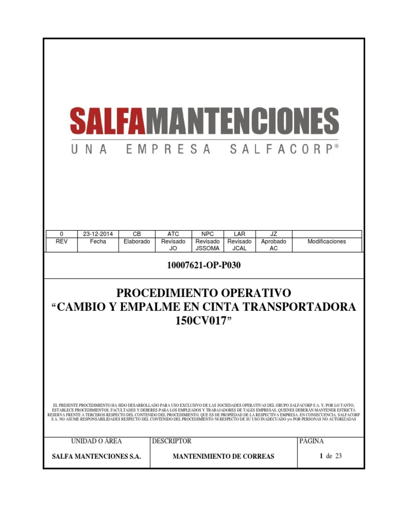 OP P030 Cambio y Empalme de Cinta Transportadora 147cv015 CV014 CV013 REVISION SSOMA 1 | PDF ...