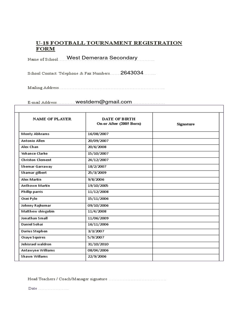 Registration FORM U-18 Schools Digicel Football Tournament (3) Main | PDF