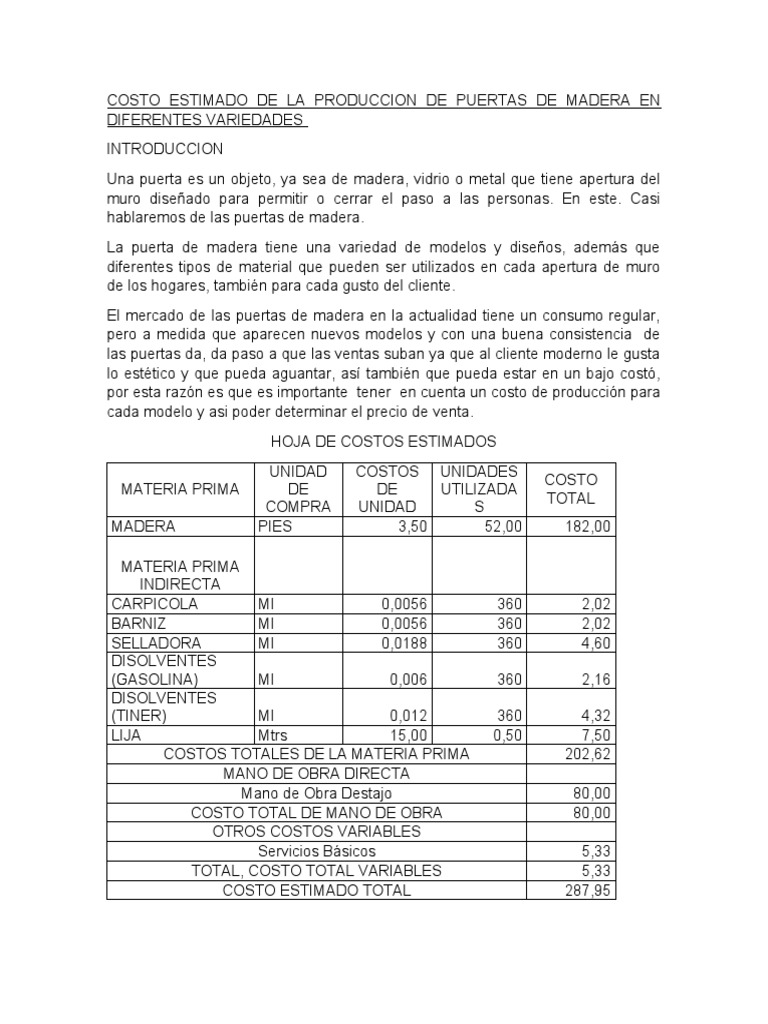 Hoja de Costos Estimados | PDF | Economias | Procesos de negocio