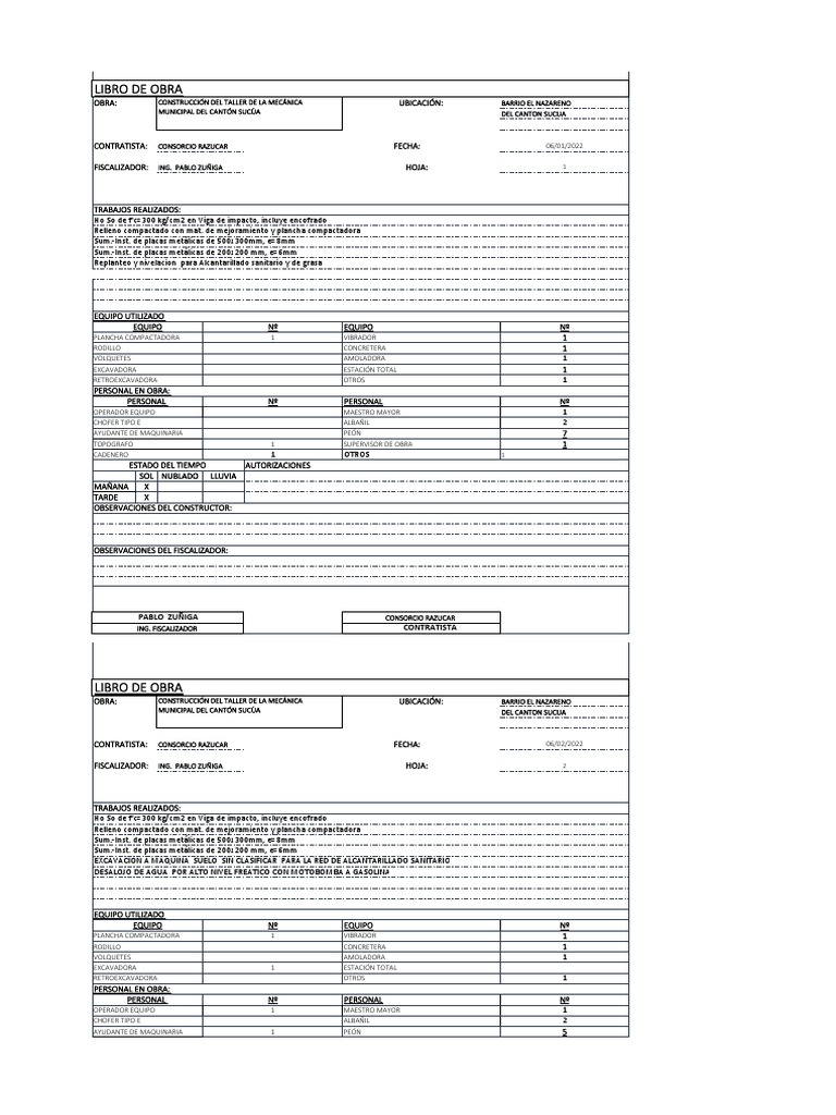 Libro de Obra Planilla N 02 | PDF