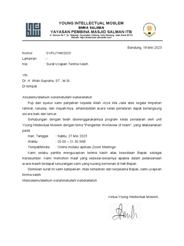 Surat Ucapan Terima Kasih Kepada Narasumber | PDF