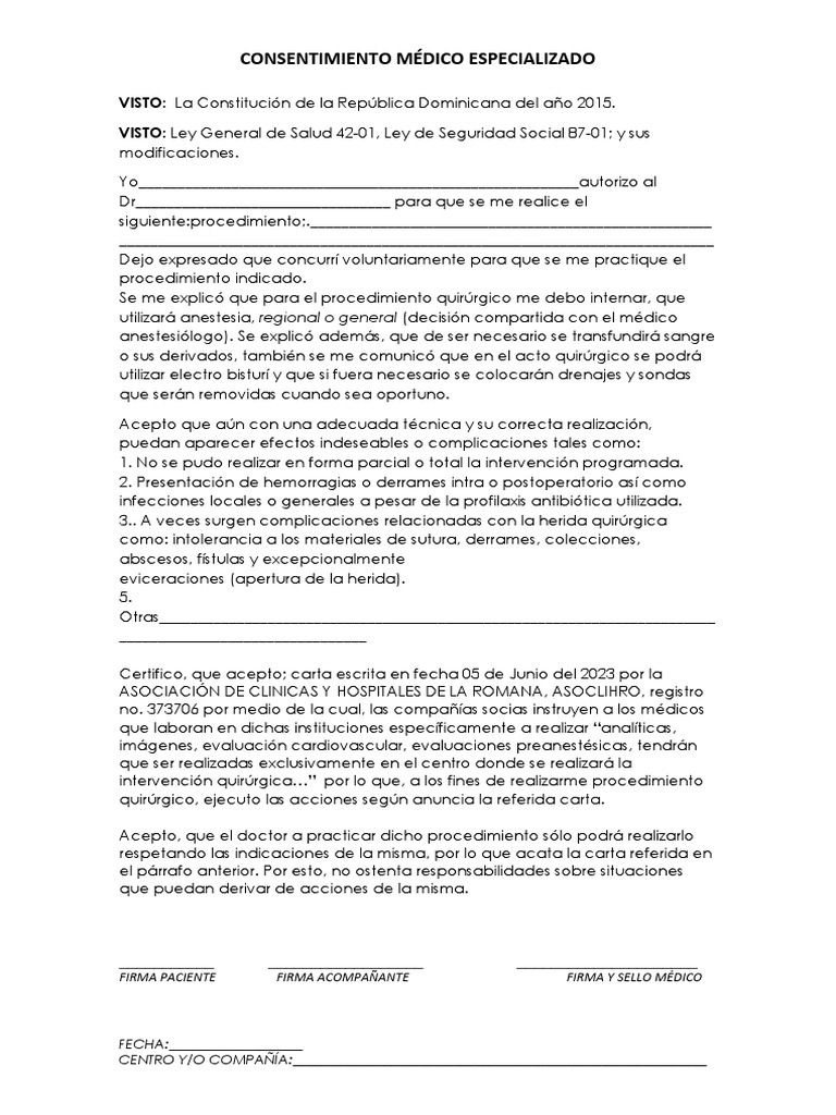 CONSENTIMIENTO INFORMADO ESPECIALIZADO | PDF | Cirugía | Especialidades ...