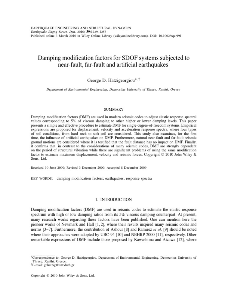 Damping Modification Factors For SDOF Systems Subjected To Nea Fault-Far Fault and Artificial ...