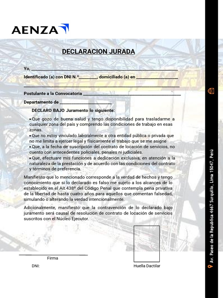 Declaración Jurada para Contrato de Servicios | PDF