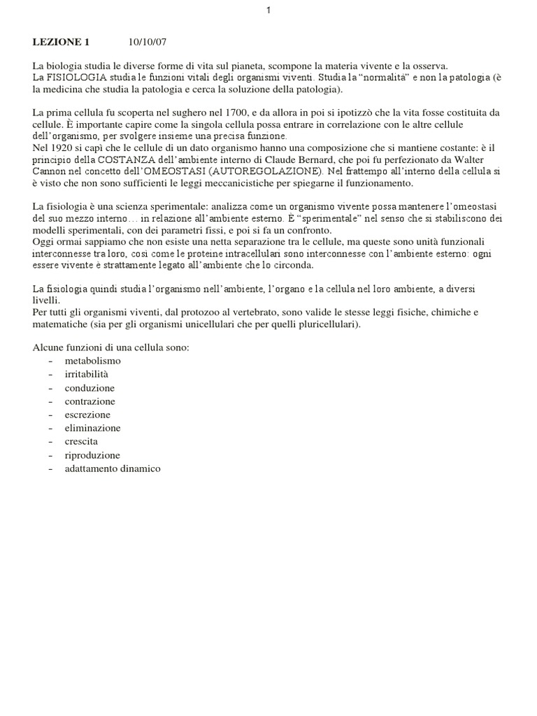 Lezione 01-Fisiologia | PDF