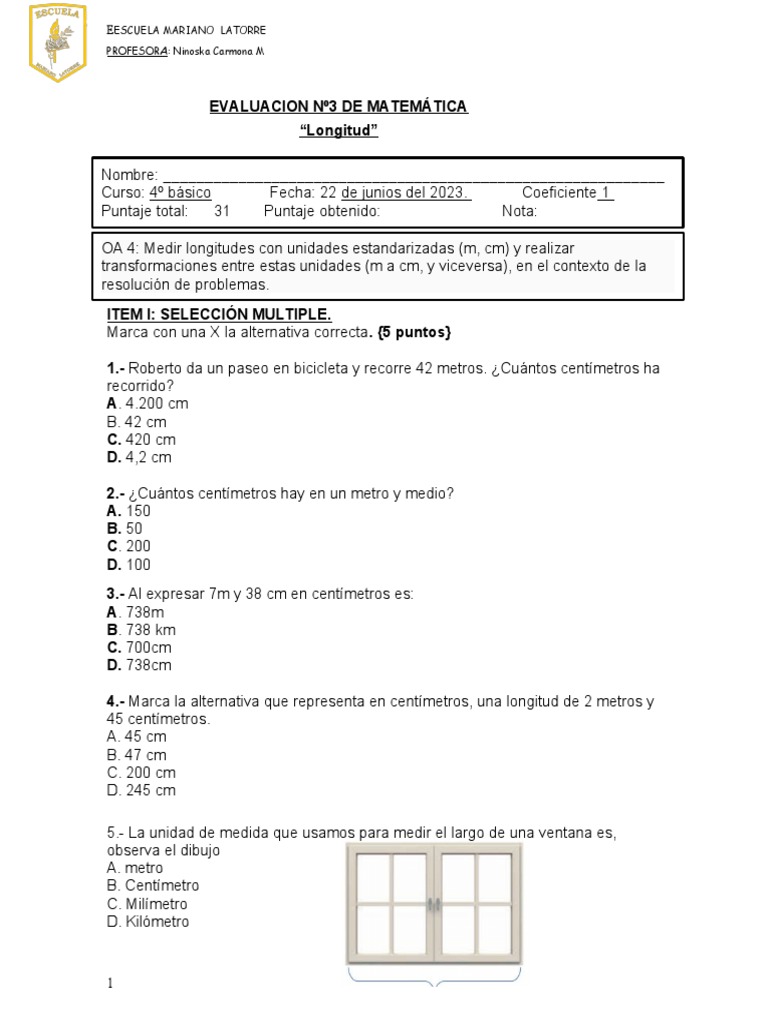 Evaluacion MAT 4 - Básico Longitud | PDF | Matemáticas | Metrología