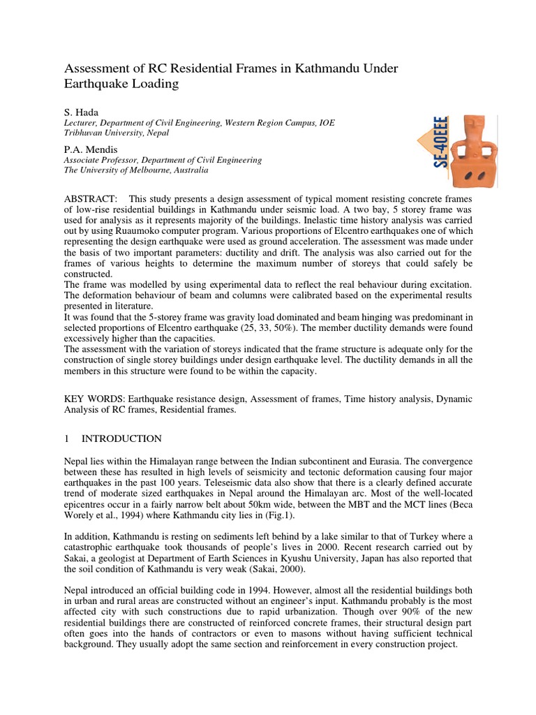 Assessment of RC Residential Frames in Kathmandu Under Earthquake ...