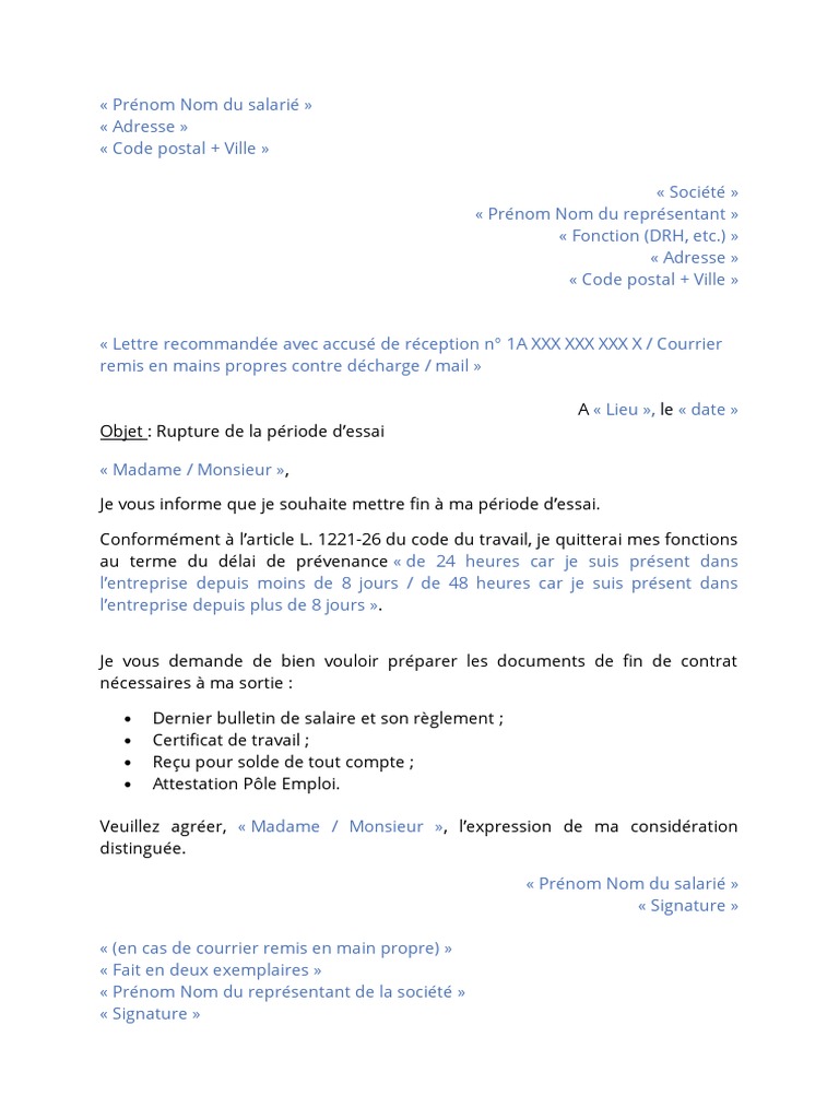 Rupture de période d'essai : Modèle de lettre | PDF | Droit