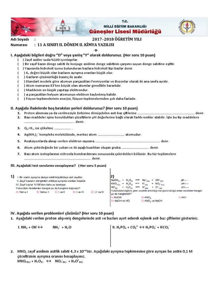 11 Sinif Kimya 2 Donem 2 Yazili | PDF