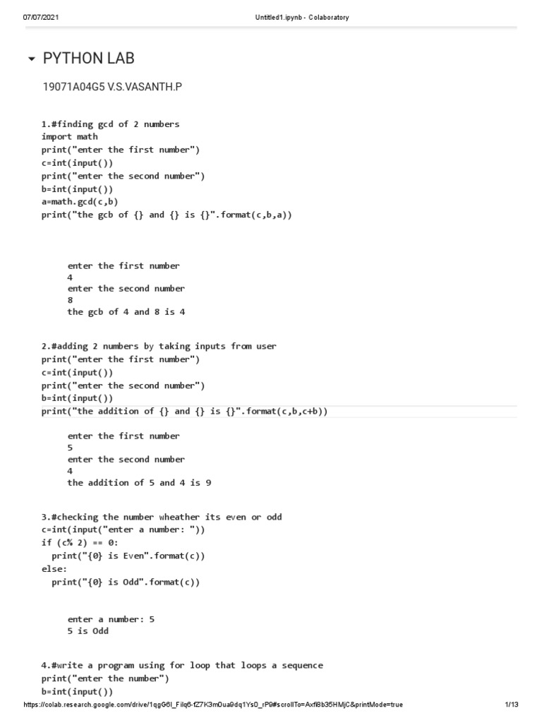 Python Lab | PDF | Matrix (Mathematics) | Computer Programming Python Lab | PDF | Matrix (Mathematics) | Computer Programming