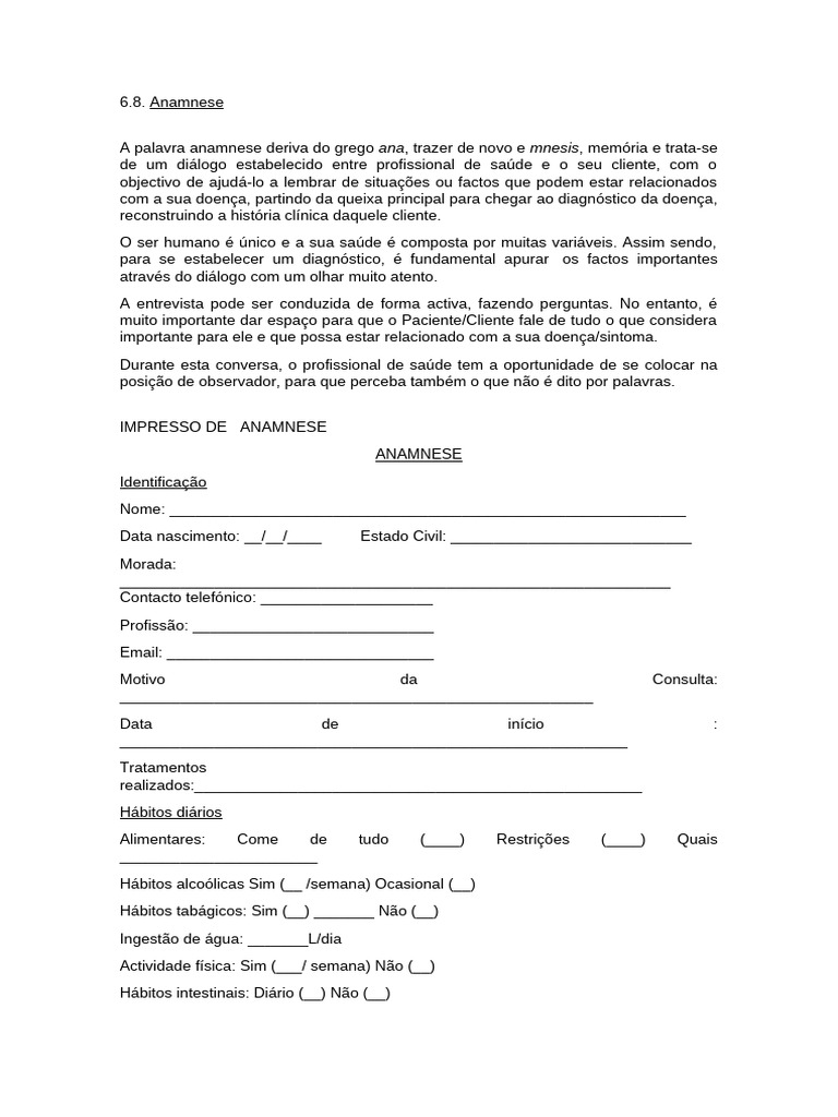 Ficha de Anamenese | Download grátis PDF | Medicina Clínica | Doenças e ...