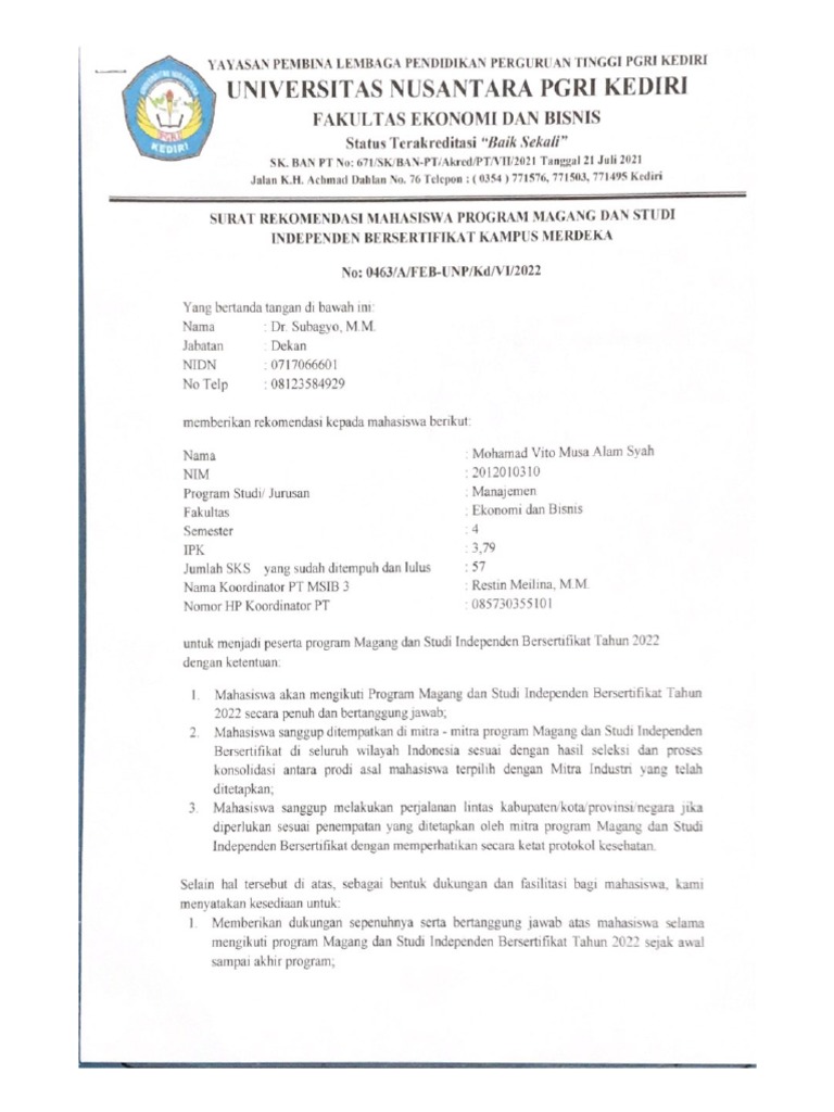 Surat Rekomendasi Msib 2022 | PDF