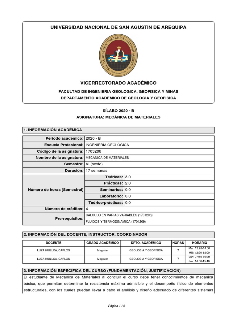Silabo-Mecánica de Materiales (2020-B) | PDF | Resistencia de materiales | Evaluación