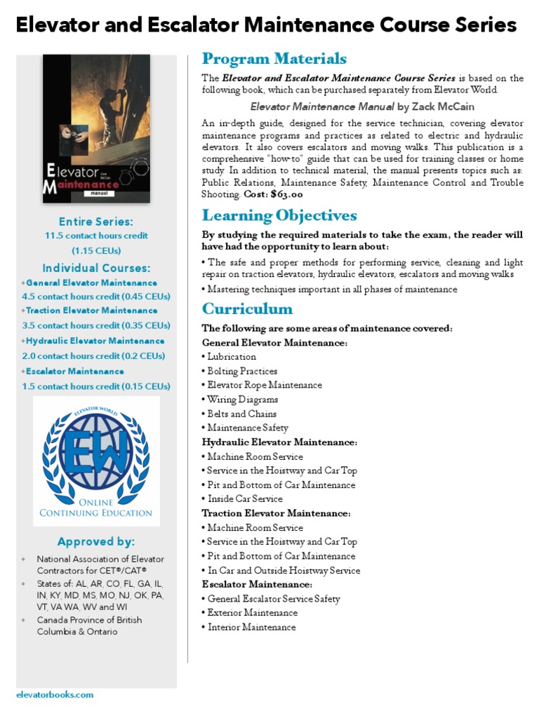 Elevator and Escalator Maintenance Course Series | PDF | Elevator