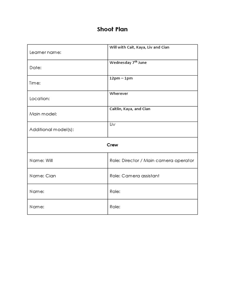 Shoot Plan for June 7th Session | PDF