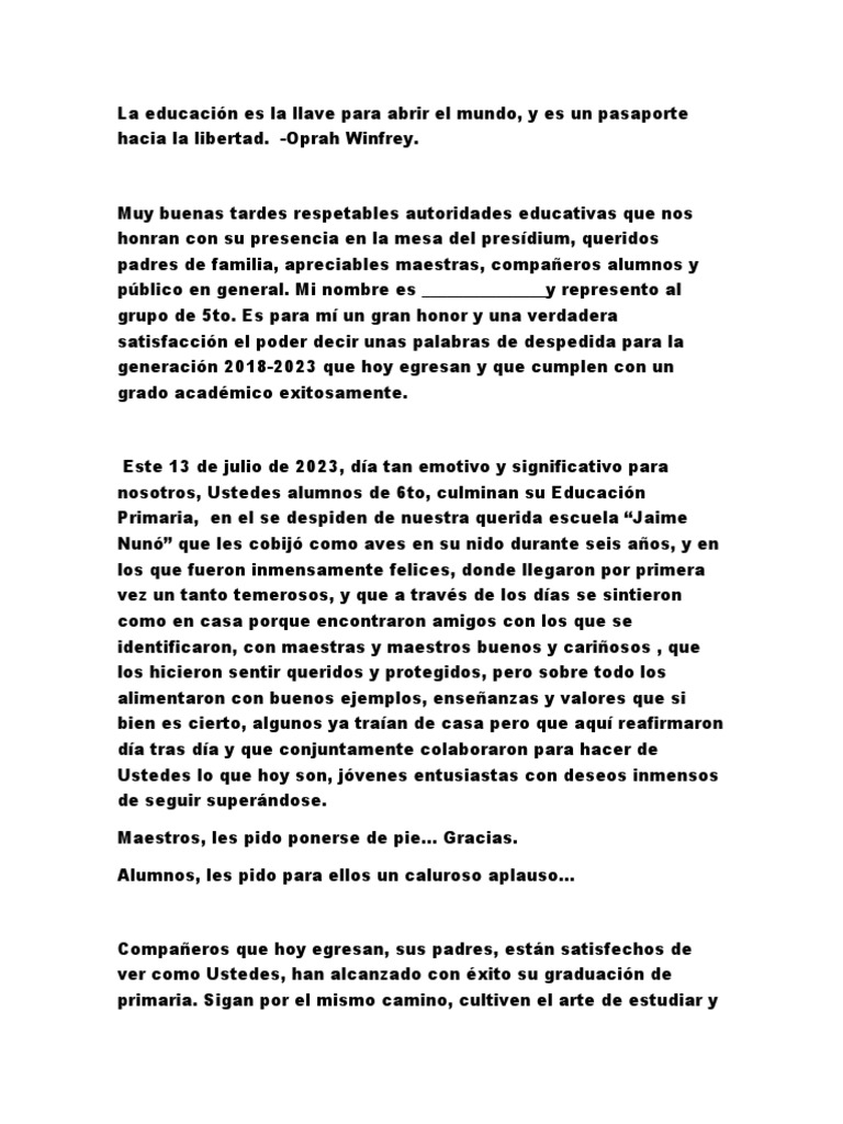 Palabras de Despedida para Alumnos de Sexto Grado | PDF