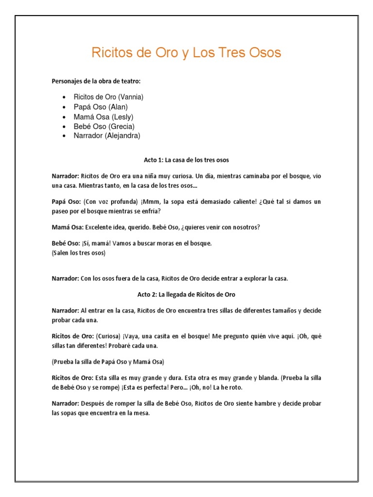 Obra de teatro - Ricitos de Oro y Los Tres Osos | PDF | Osos | Ricitos ...
