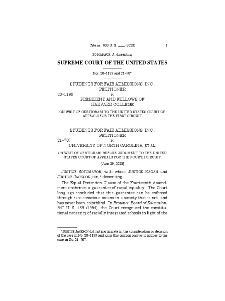 SFFA v. Harvard Dissents | PDF | Equal Protection Clause | Fourteenth ...