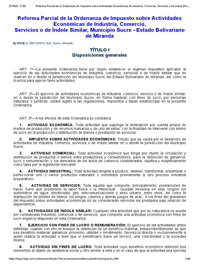 Reforma Parcial de La Ordenanza de Impuesto Sobre Actividades Económicas de Industria, Comercio ...