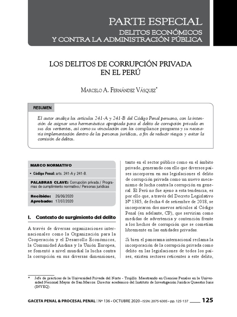 Los Delitos De Corrupción Privada En El Perú Pdf Derecho Penal