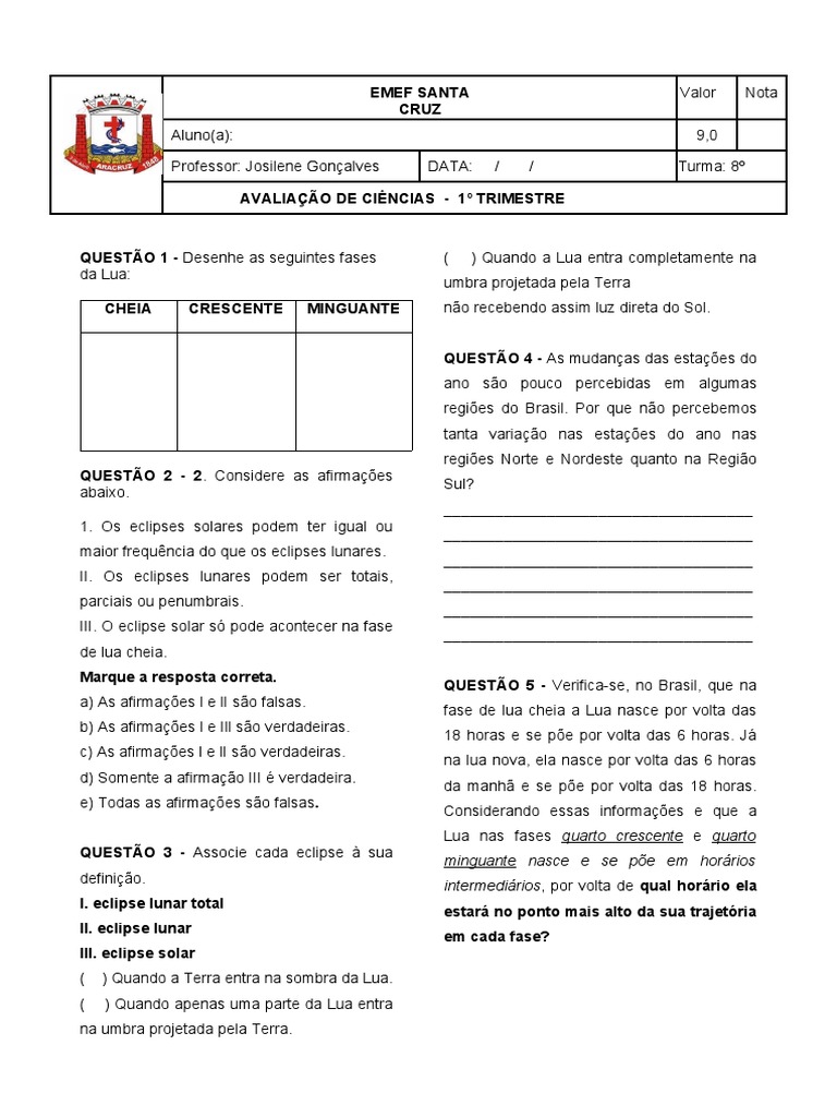 Prova 8 Ano - 2 Etapa | PDF | Eclipse | Lua